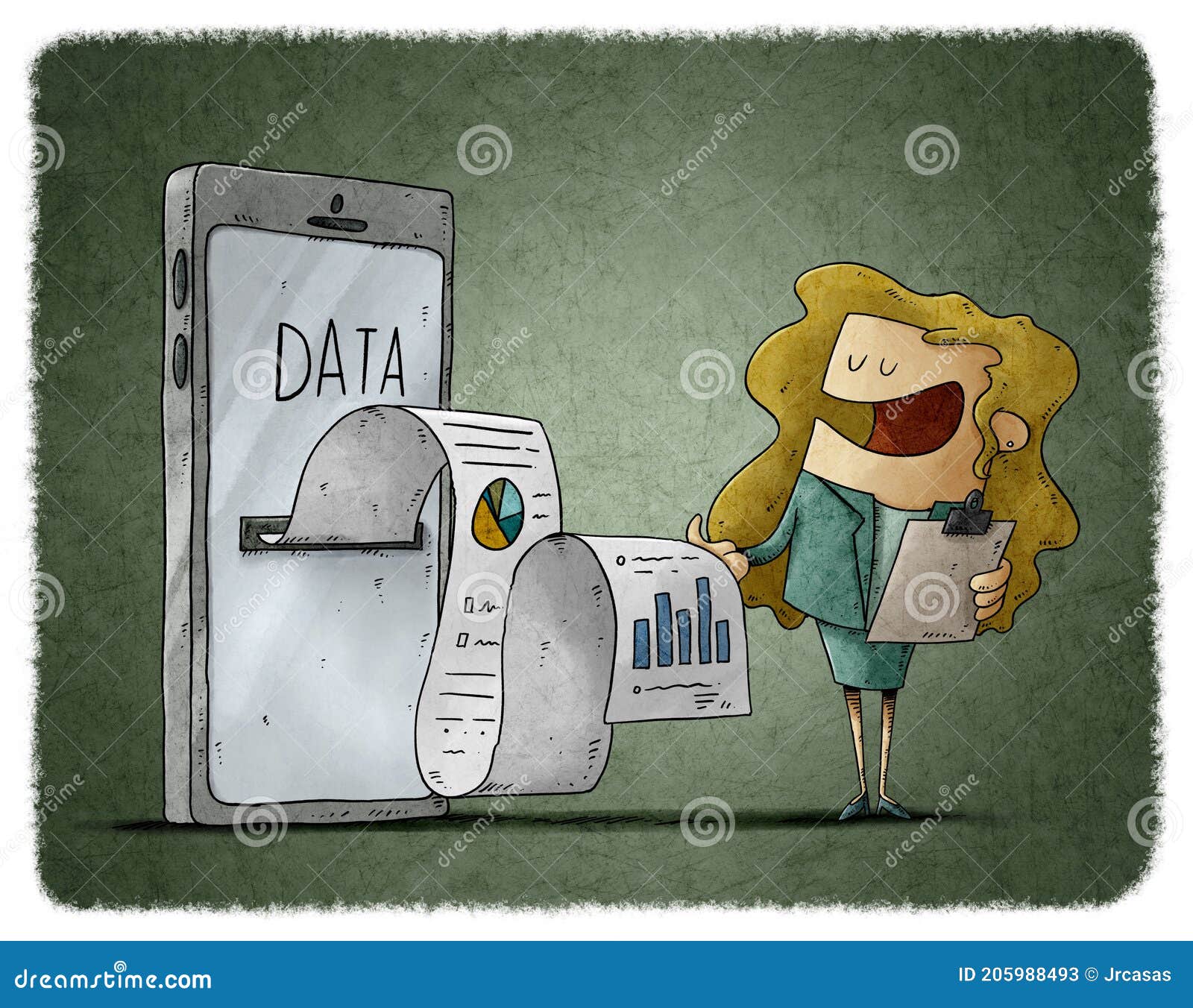 Woman is Extracting Data from a Huge Mobile from Which Comes Out a Long ... Woman is Extracting Data from a Huge Mobile from Which Comes Out a Long ...