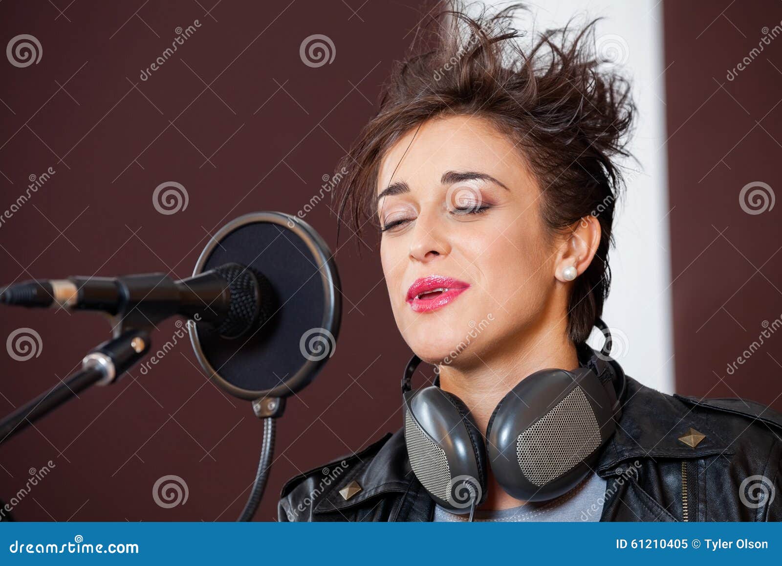 Woman with Eyes Closed Singing in Recording Studio Stock Image - Image ...