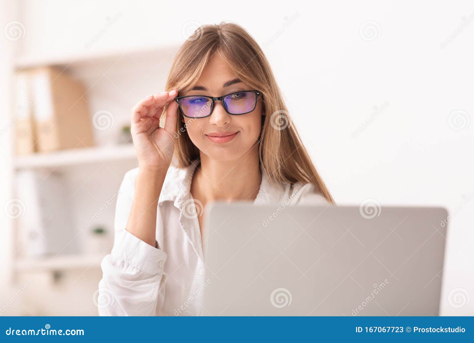 Woman in Eyewear Using Laptop Working in Office Stock Image - Image of ...