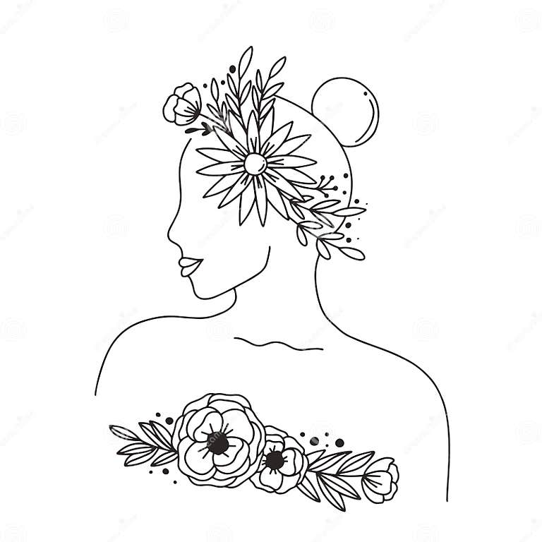 Woman Face And Flowers Continuous Line Art Stock Vector Illustration