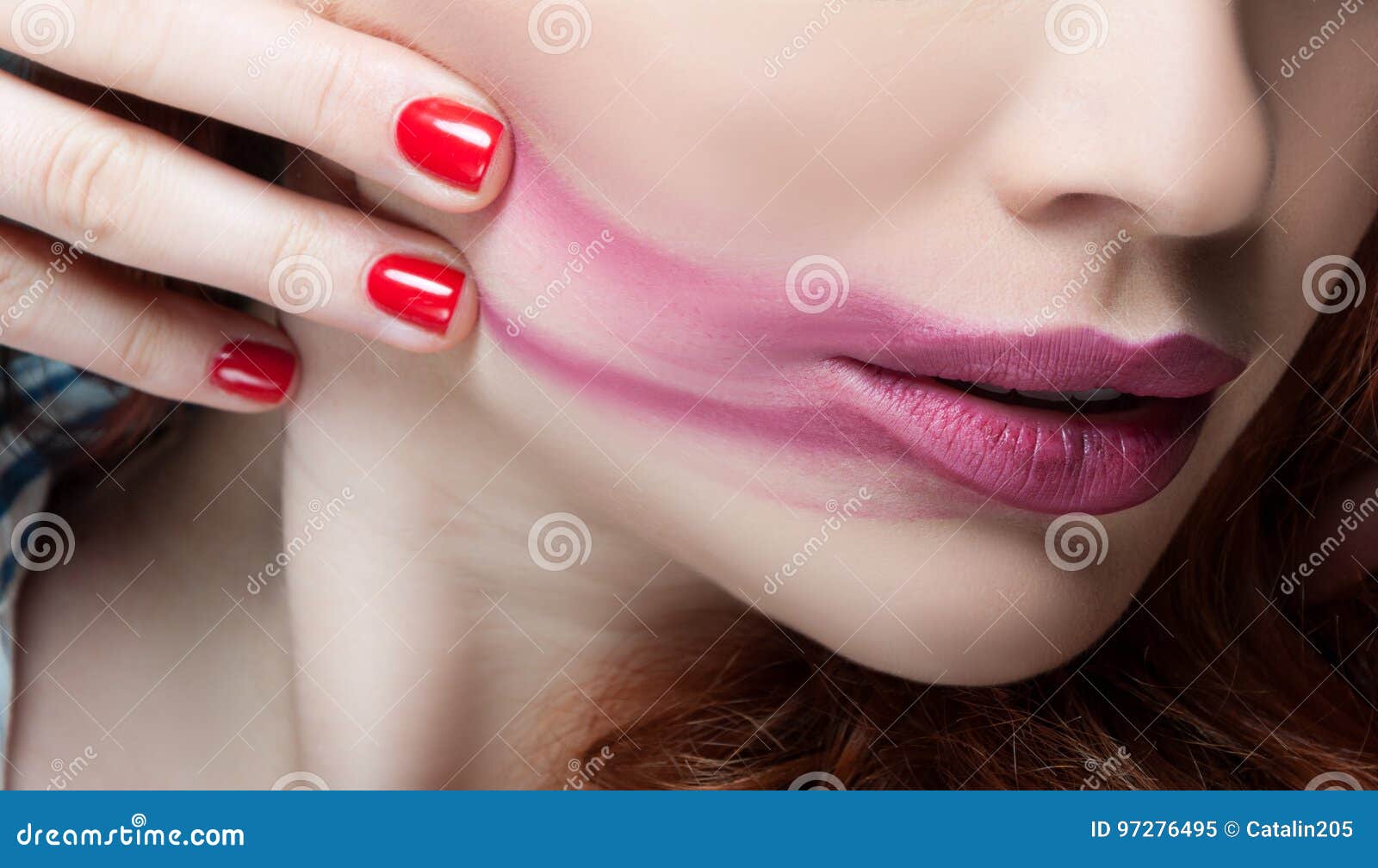Woman Face with Smeared Lipstick in Closeup Stock Image - Image of face ...