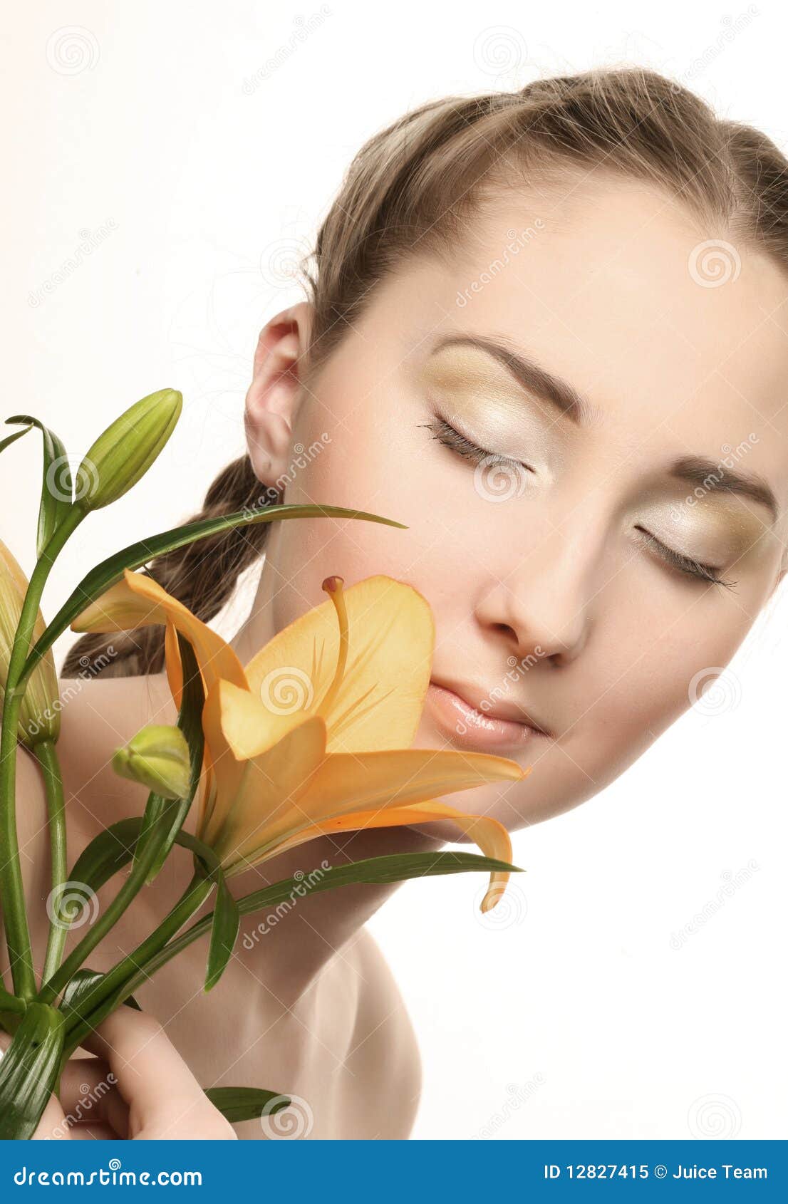Woman Face with Yellow Lily Flower Stock Image - Image of eyes, aroma ...