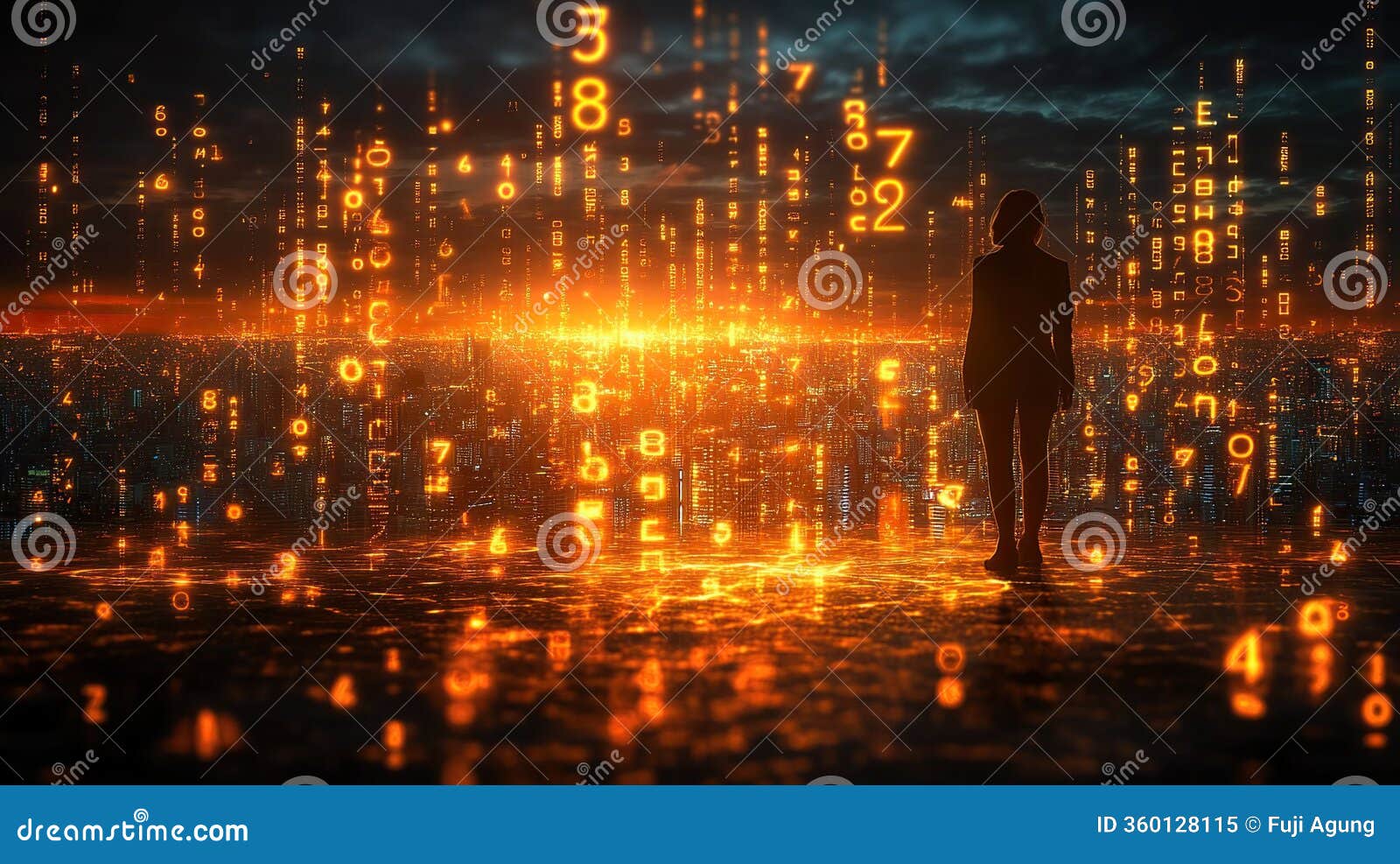 Woman Facing Digital City Sunrise, Data Rain Stock Illustration ...