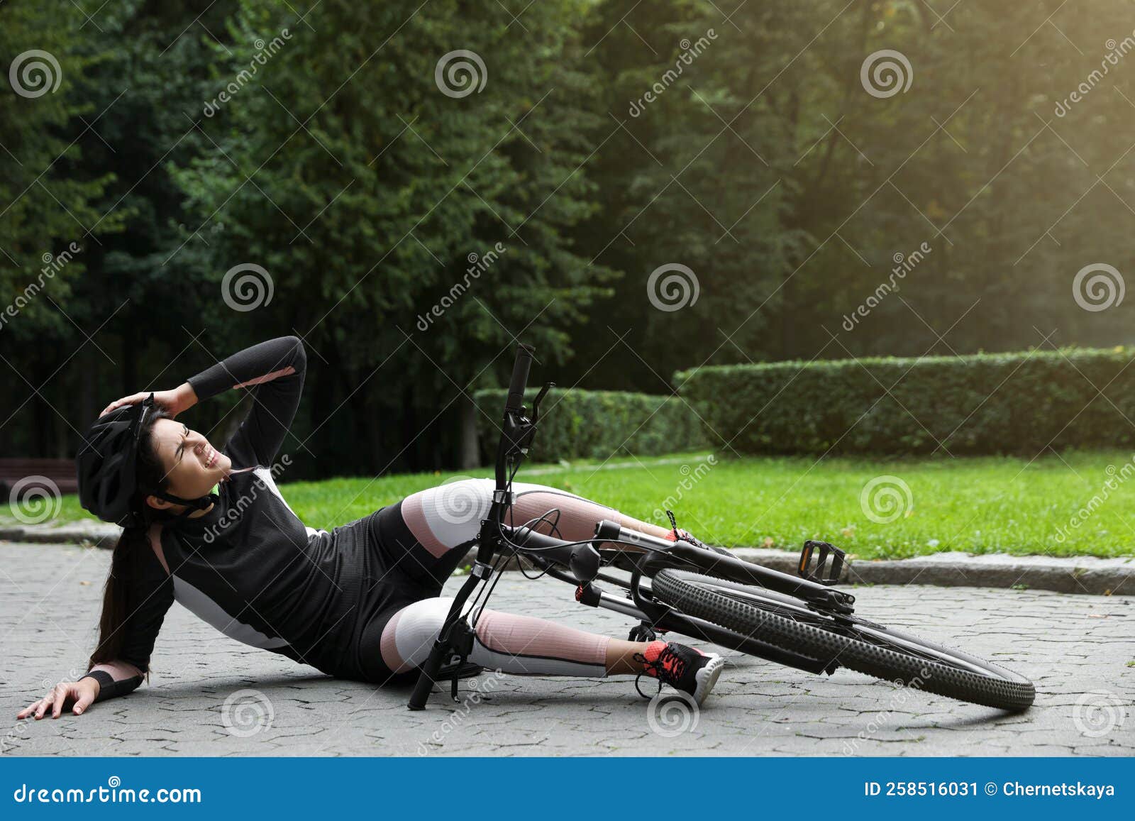 Young Woman Fallen Off Her Bicycle in Park Stock Image - Image of girl ...