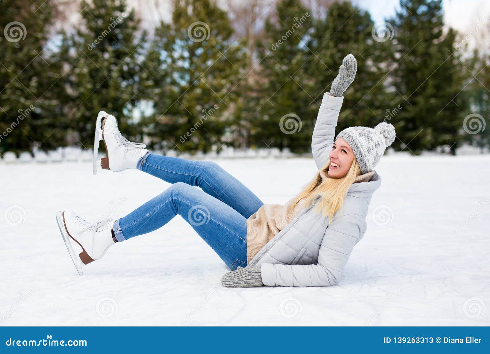 Woman Falling Down while Ice Skating at Winter Rink Stock Image - Image ...