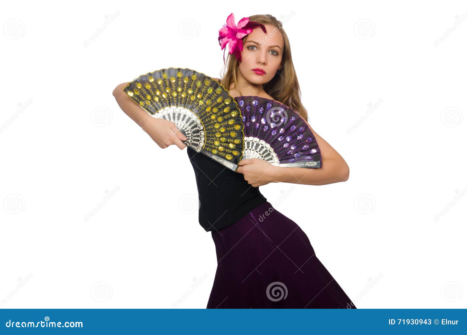 The Woman with Fan Dancing Dances Isolated on White Stock Image - Image ...