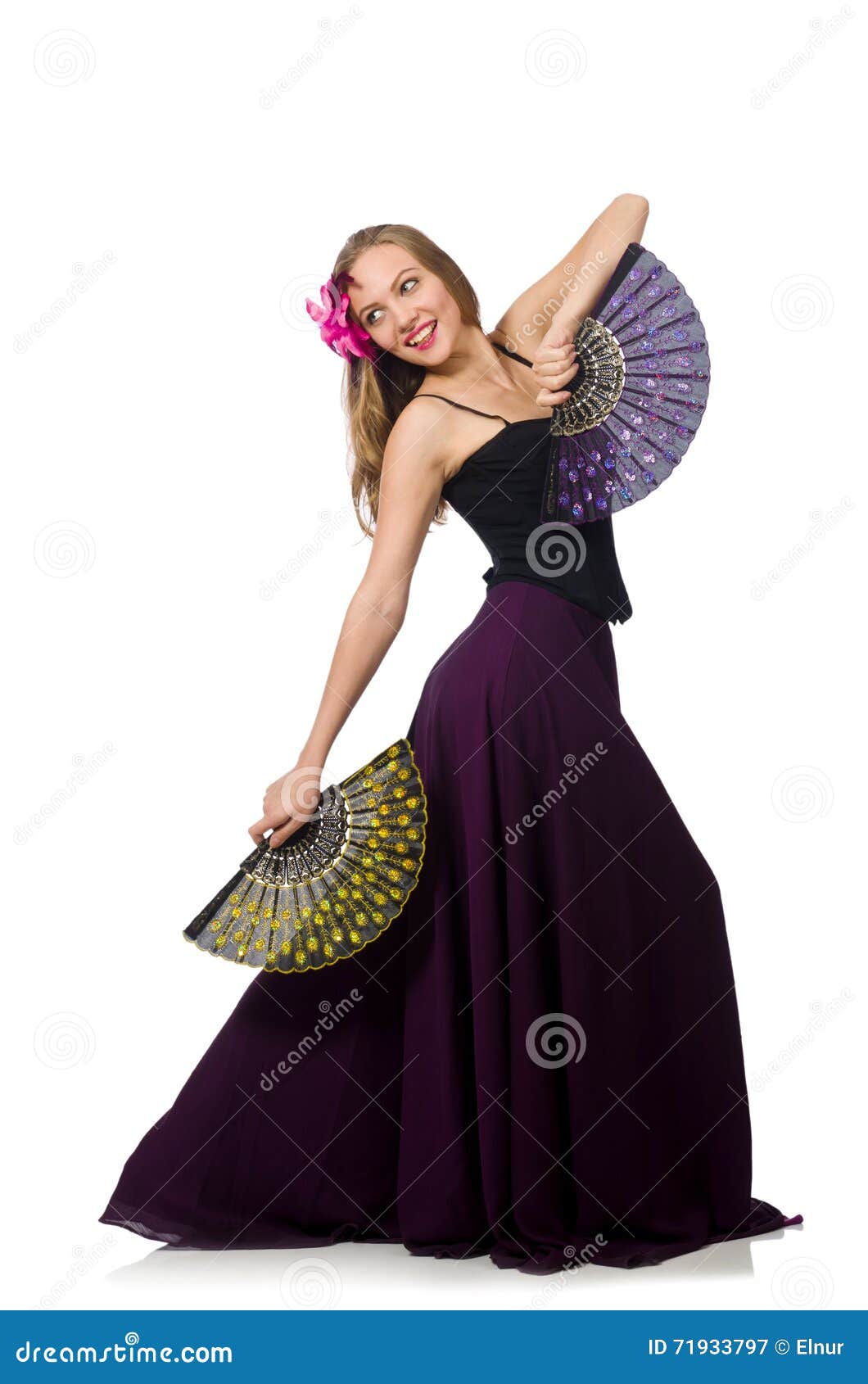 The Woman with Fan Dancing Dances Isolated on White Stock Image - Image ...