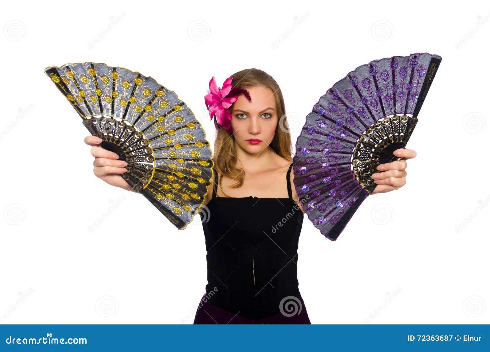 The Woman with Fan Dancing Dances Isolated on White Stock Image - Image ...