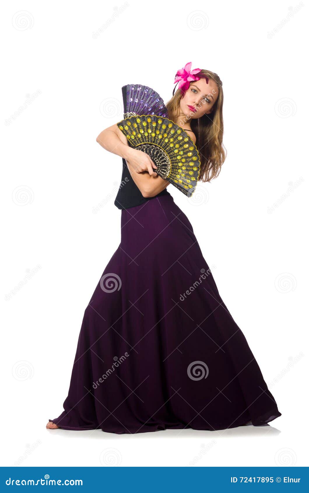 The Woman with Fan Dancing Dances Isolated on White Stock Image - Image ...