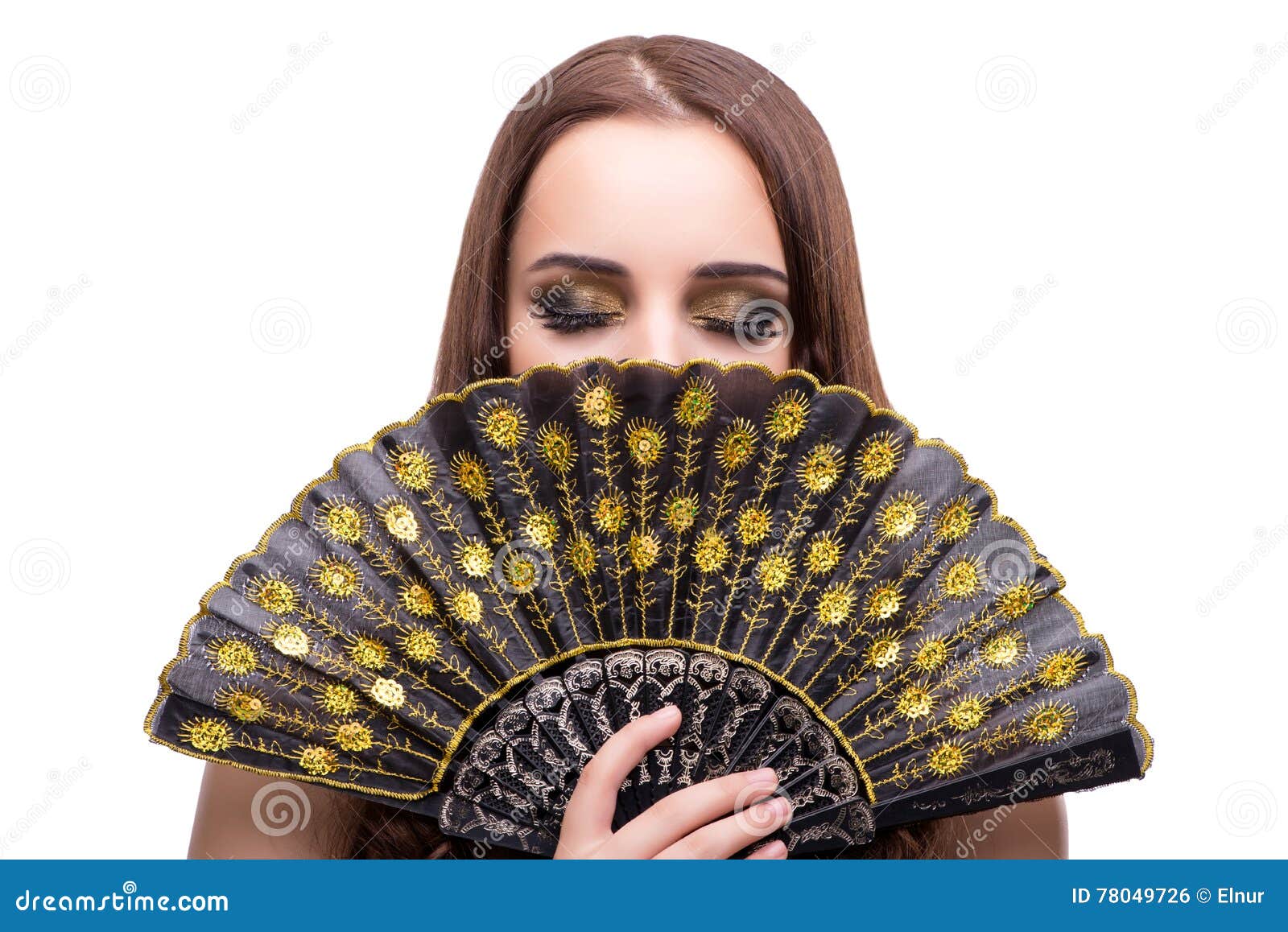 The Woman with Fan Isolated on White Stock Photo - Image of east, eyes ...