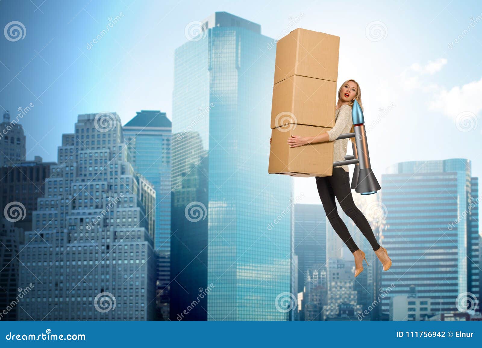 The Woman in Fast Box Delivery Service on Rocket Stock Photo - Image of ...