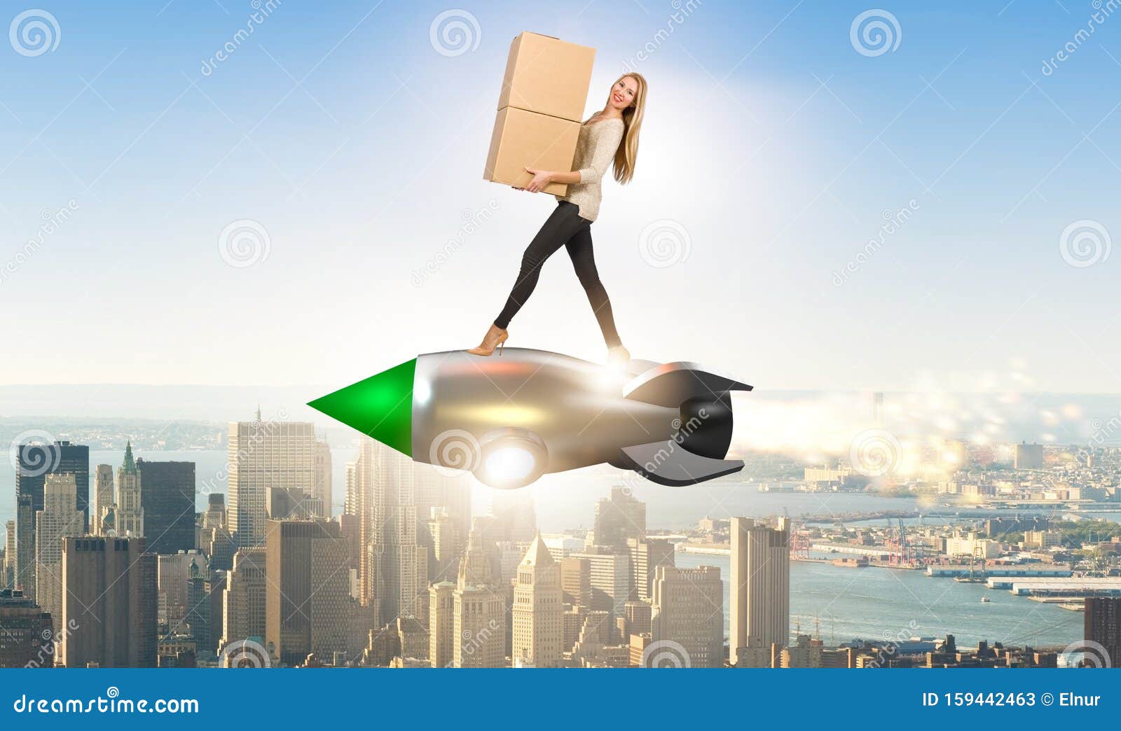 Woman in Fast Box Delivery Service on Rocket Stock Image - Image of ...