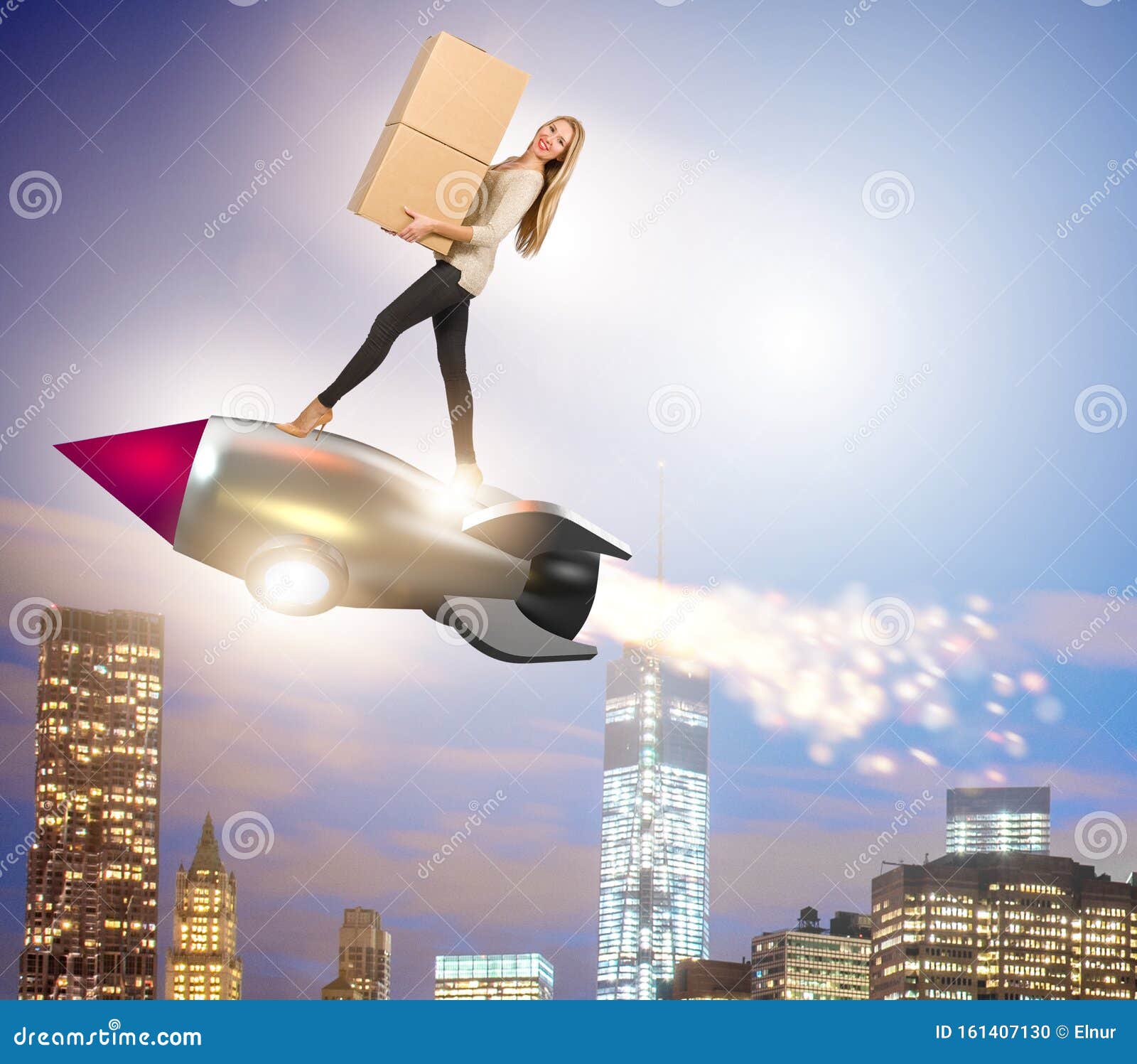 Woman in Fast Box Delivery Service on Rocket Stock Photo - Image of ...