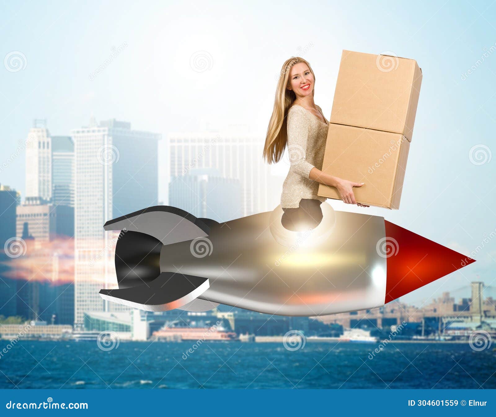 Woman in Fast Box Delivery Service on Rocket Stock Image - Image of ...