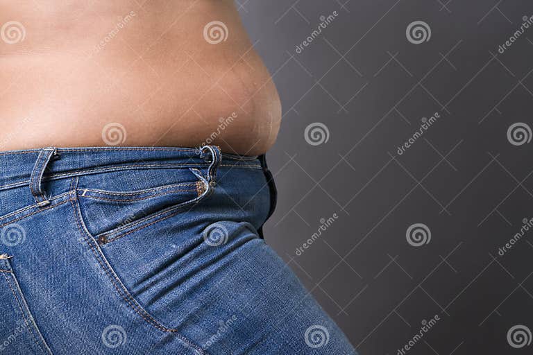 Woman With Fat Abdomen In Blue Jeans Overweight Female Stomach