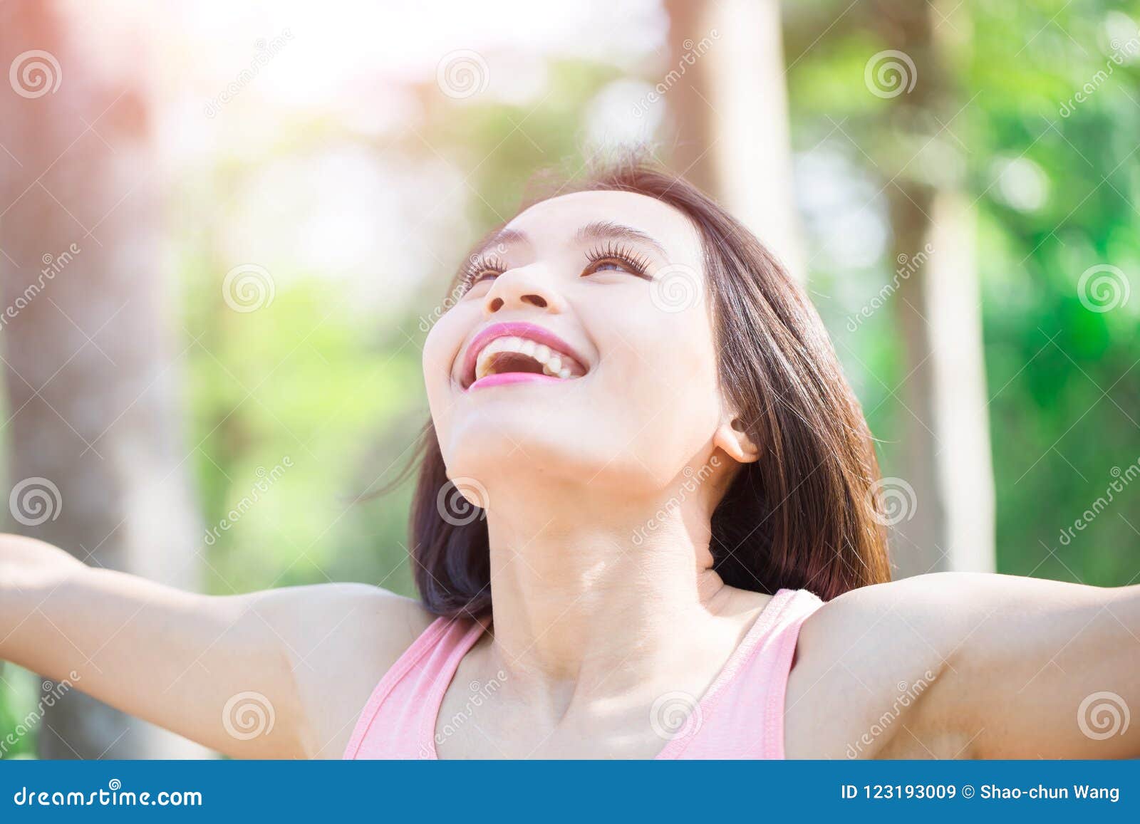 Woman feel free in forest stock image. Image of athletic - 123193009