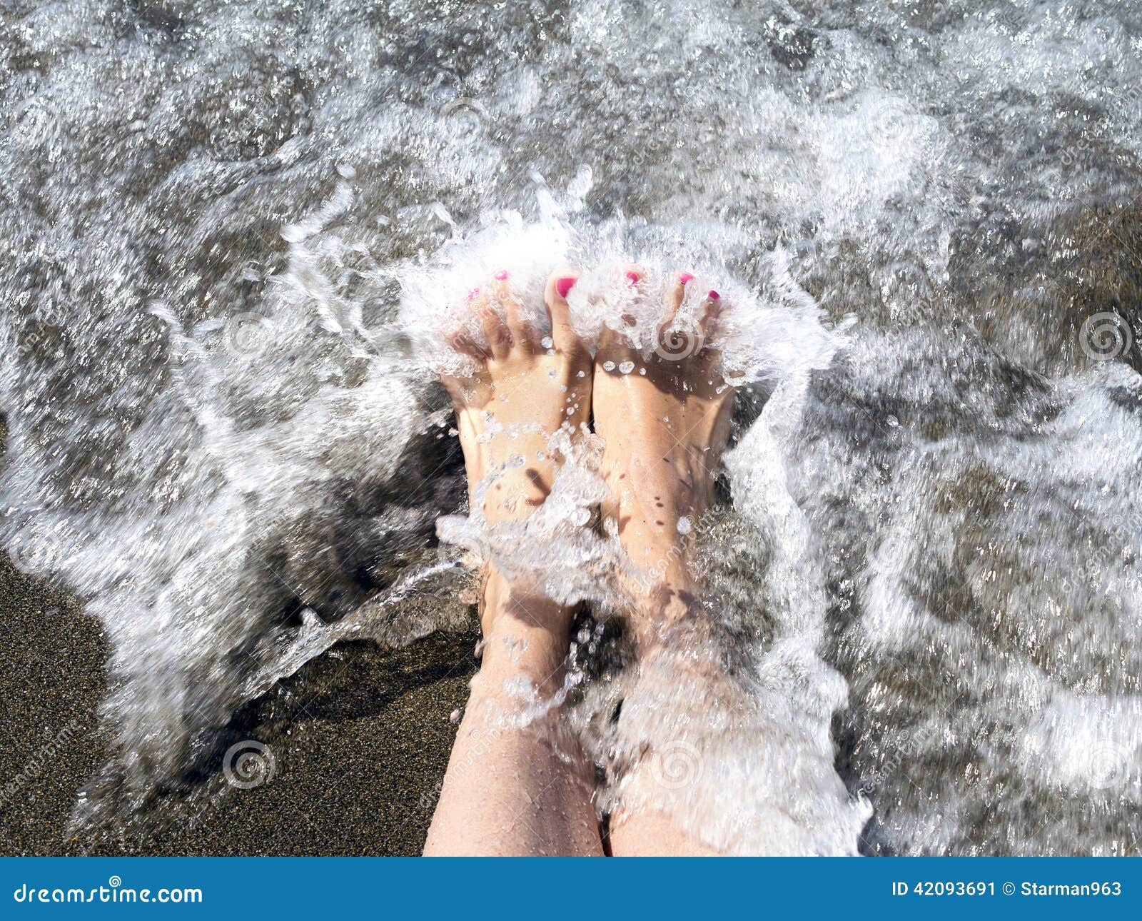 Woman Feet Relaxing on the Shore Waiting for Wave Stock Image - Image ...