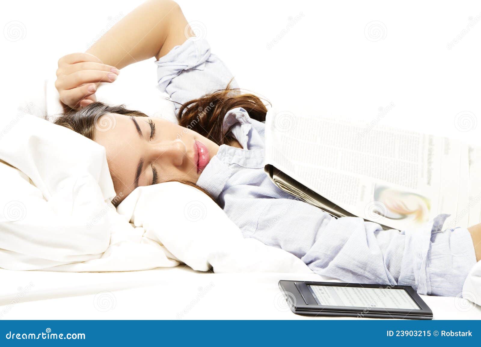 Woman Felt Asleep Under a Newspaper with Ebook Rea Stock Image - Image ...
