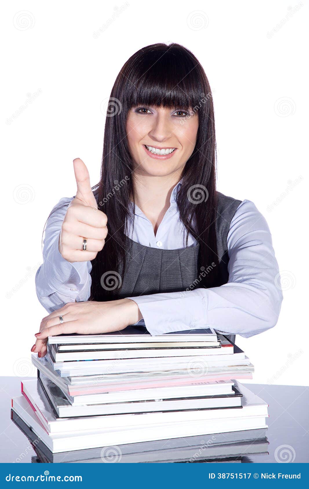 Woman with File Folders Shows Thumb High Stock Image - Image of young ...