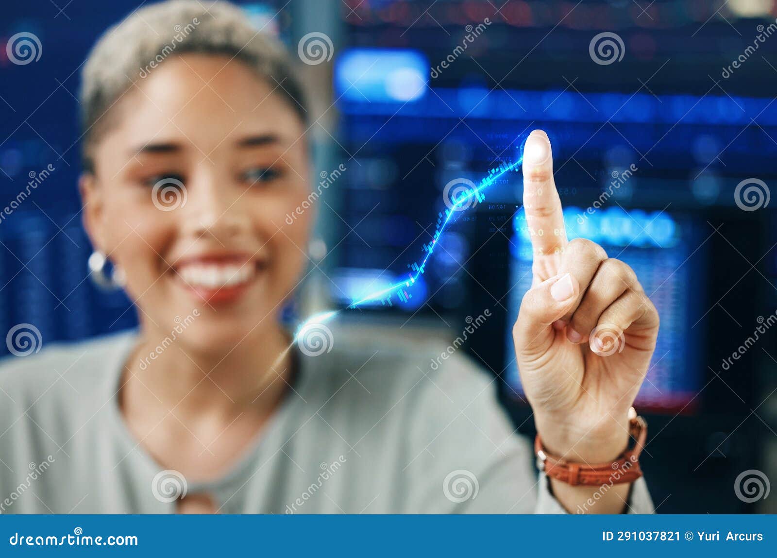 Woman, Finger and Network Hologram of Data Analytics, Software ...