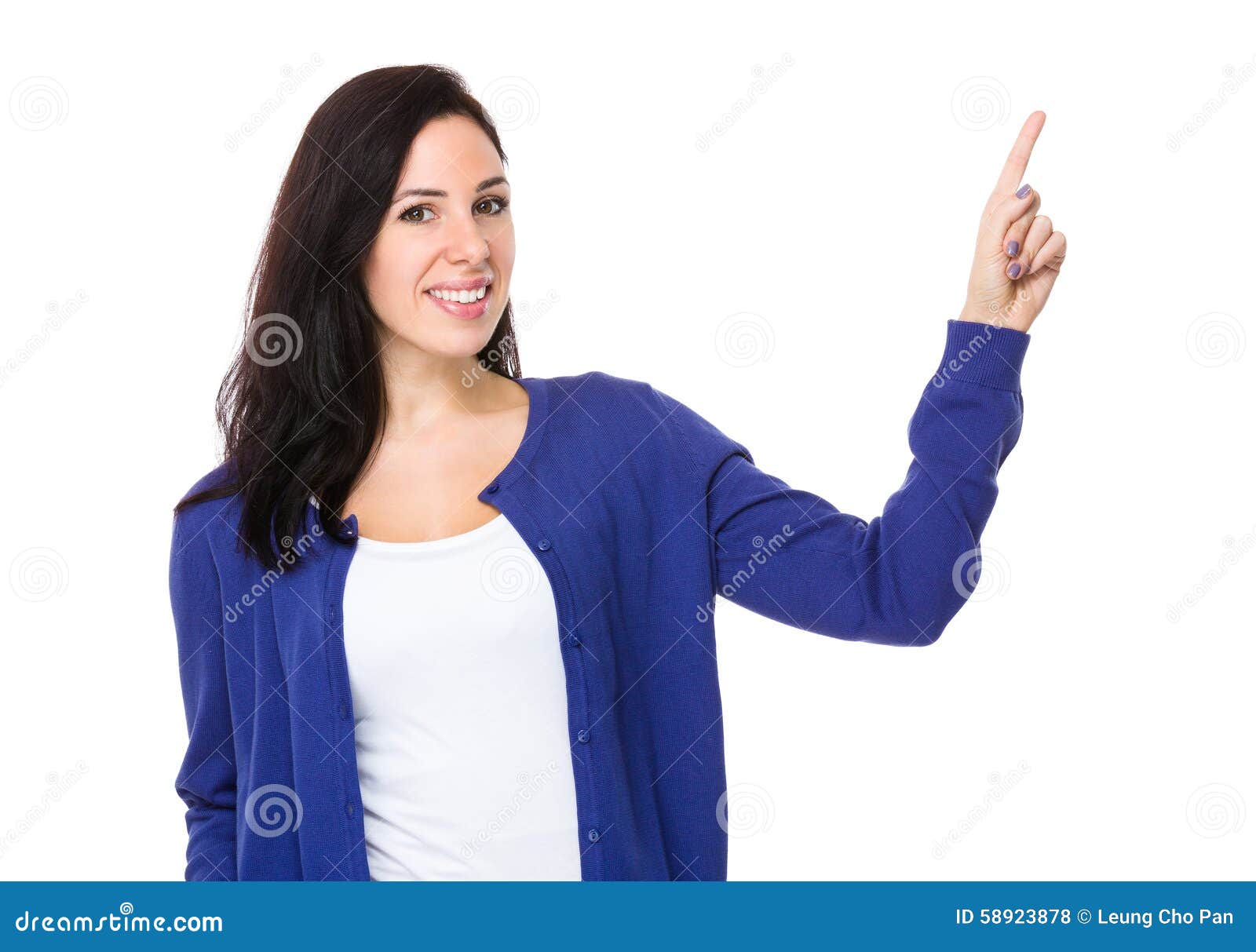 Woman with finger point up stock photo. Image of finger - 58923878