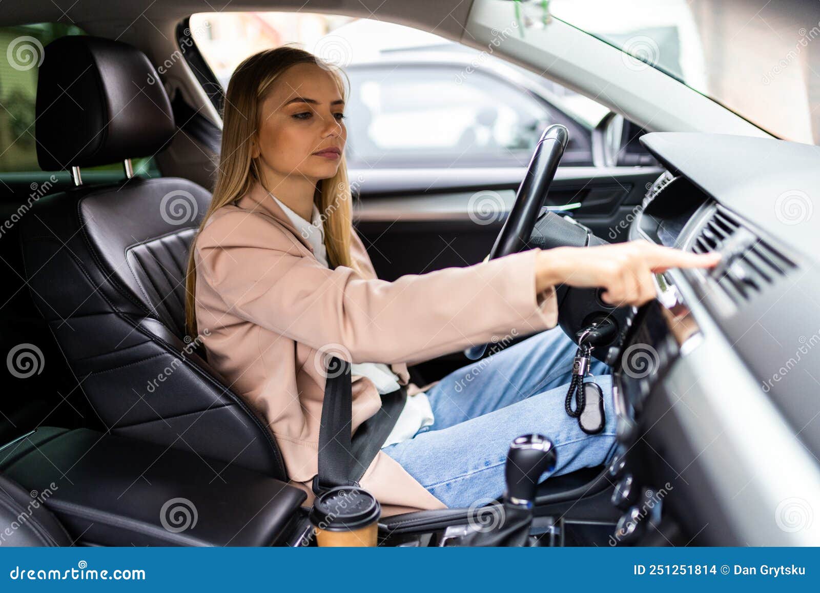 Young Woman Finger Pressing Emergency Button on Car Dashboard Stock ...