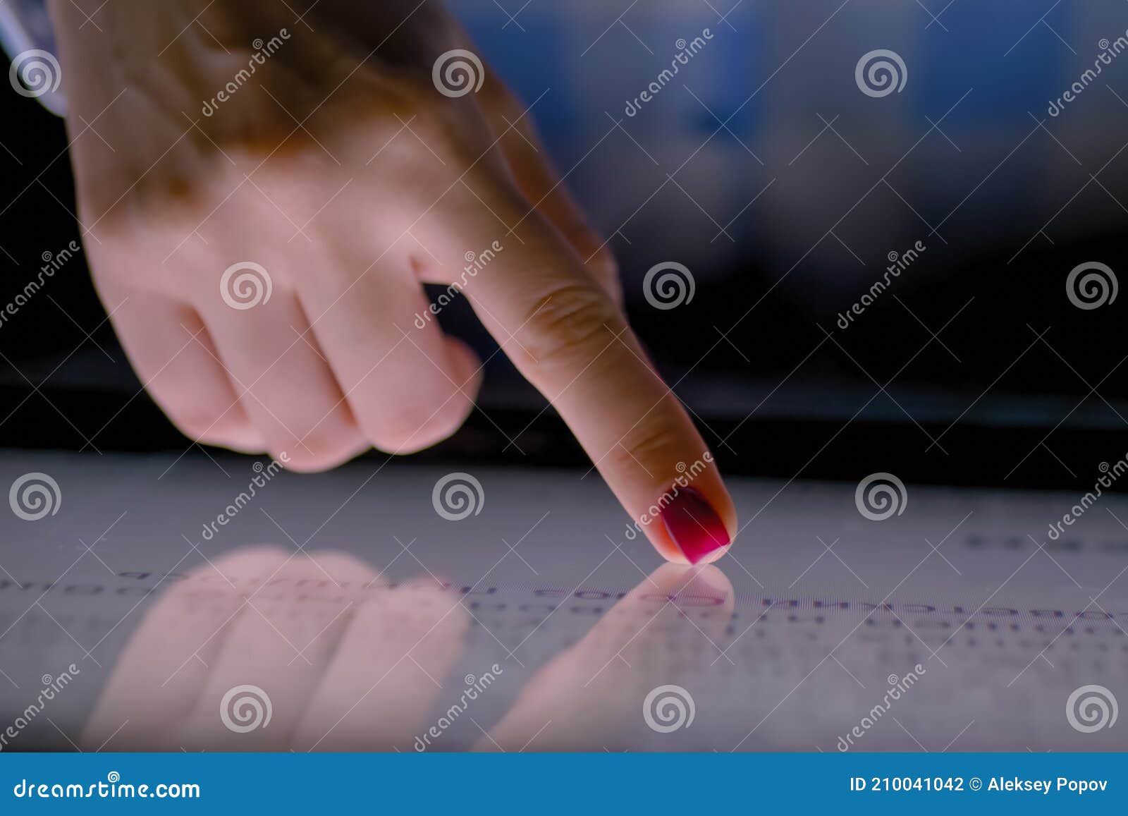 Woman Finger Using Multimedia Touchscreen Display of Interactive Kiosk ...
