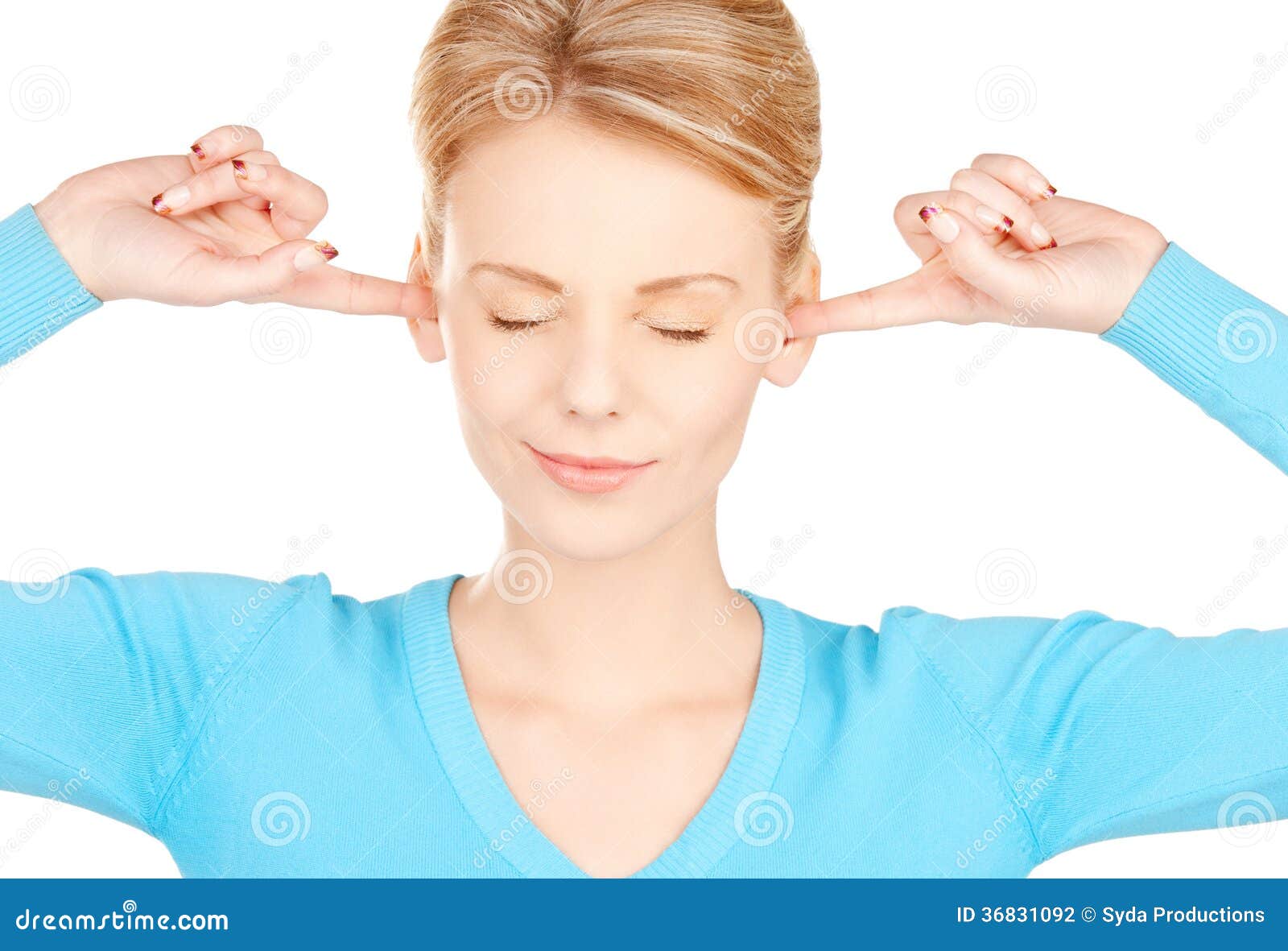 Woman with fingers in ears stock photo. Image of girl - 36831092