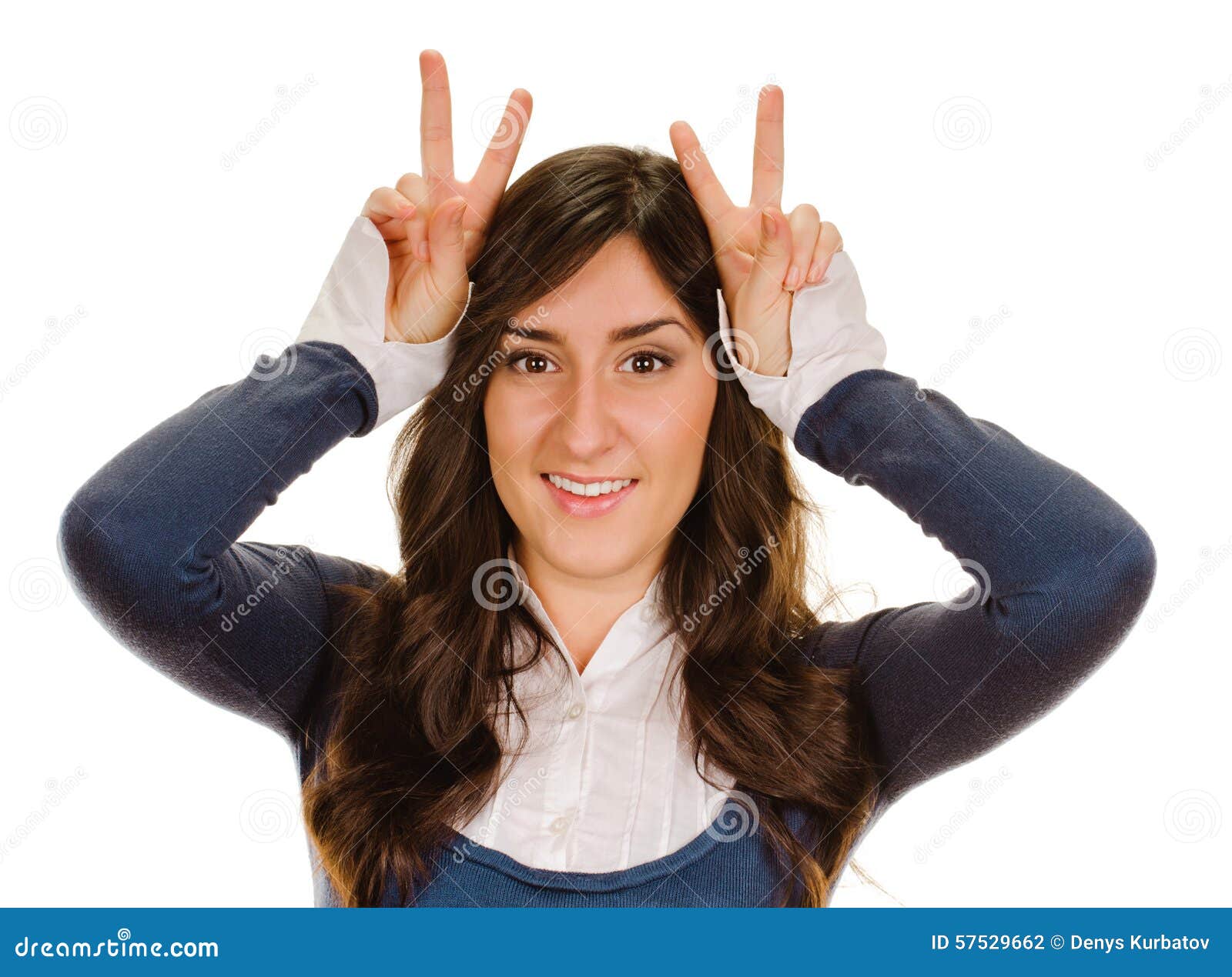 Woman with fingers horn stock photo. Image of hands, girl - 57529662