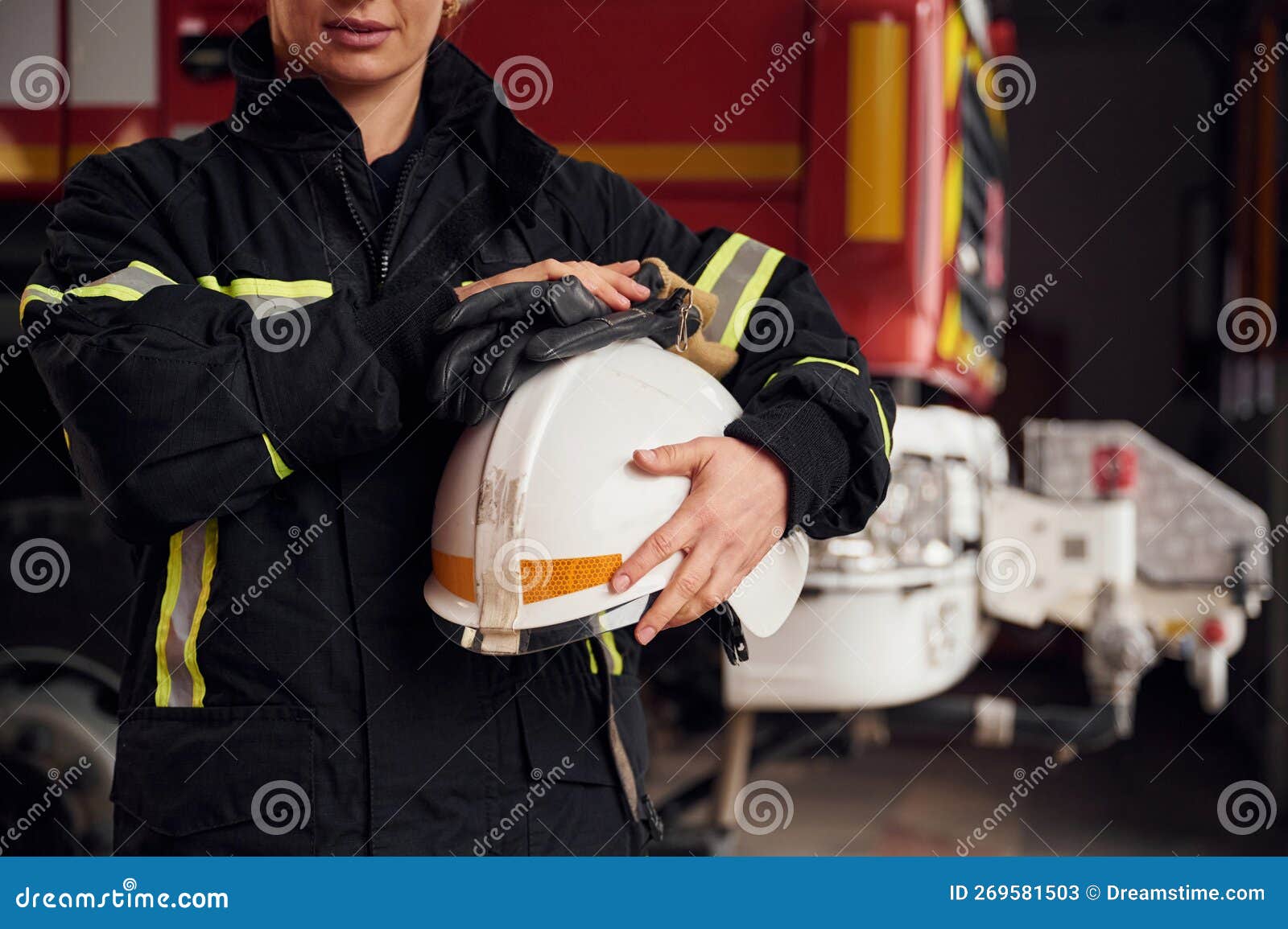 Woman Firefighter in Uniform is at Work in Department Stock Image ...