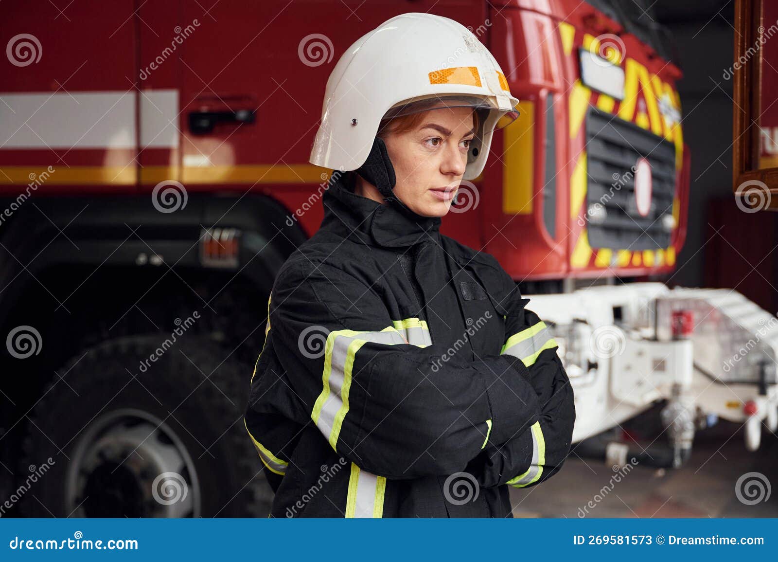Woman Firefighter in Uniform is at Work in Department Stock Image ...