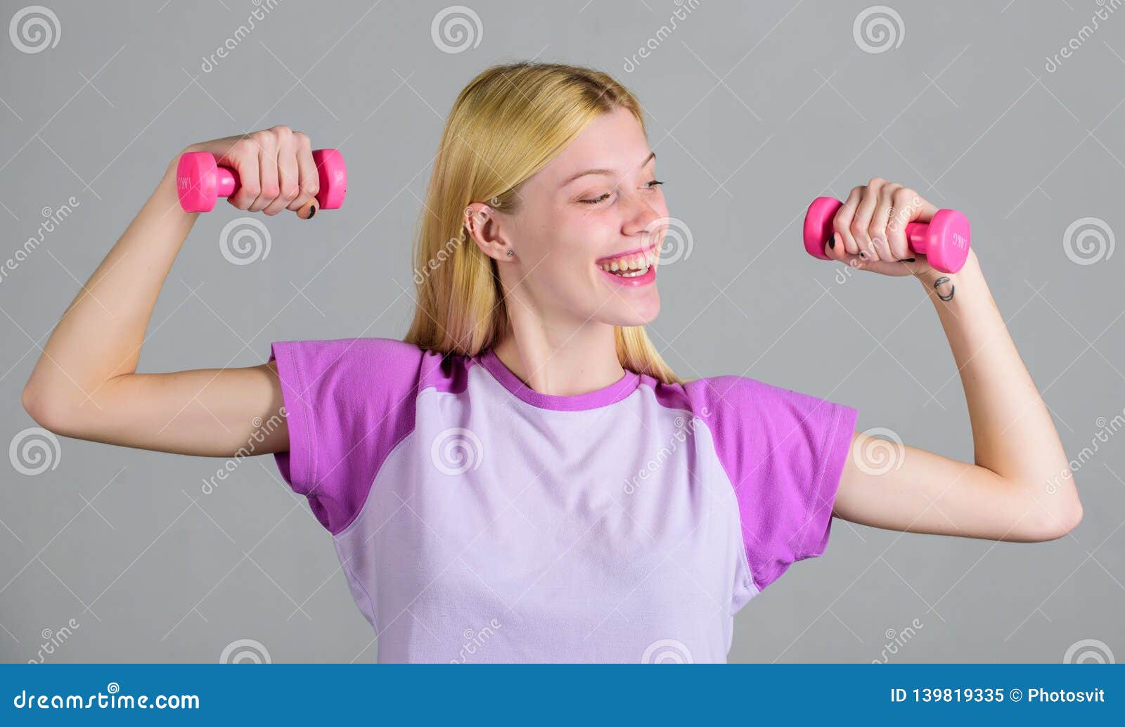Woman Fitness Coach Exercising With Dumbbells Easy Exercises With Dumbbells Workout With