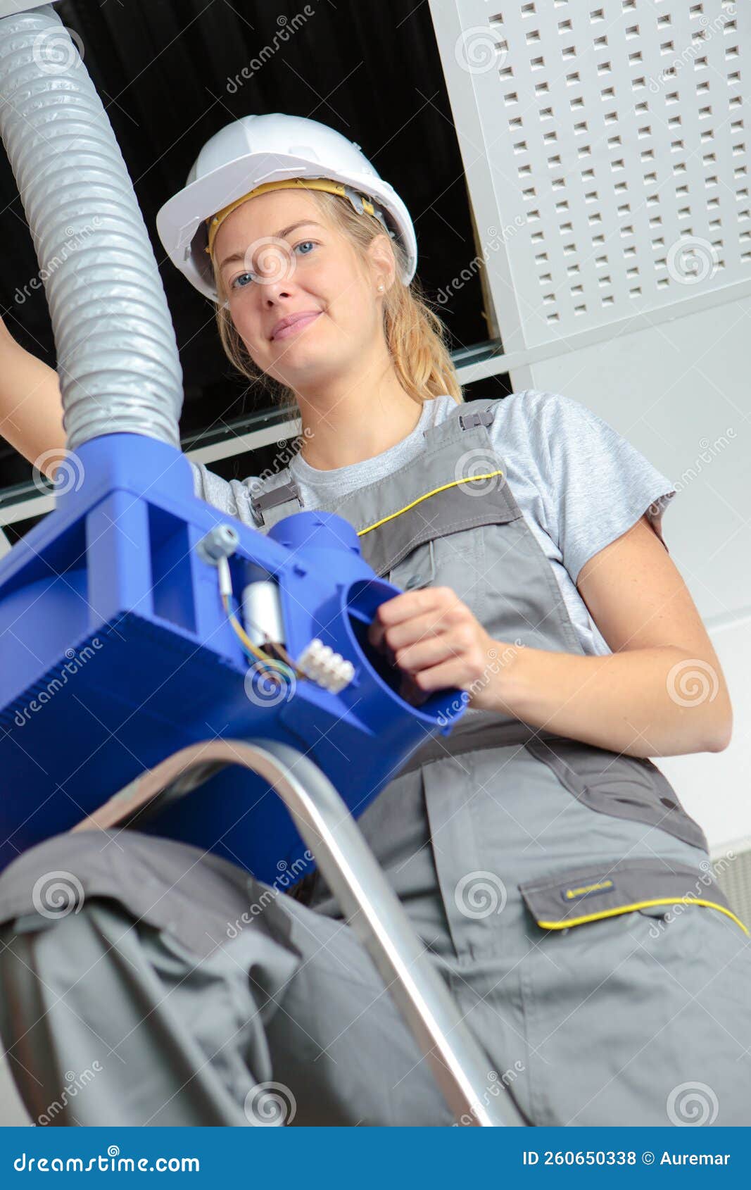 Woman Fitting Pipework into Roofspace Stock Photo - Image of pipework ...