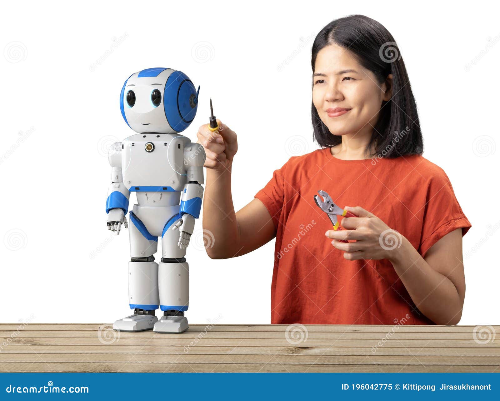 Woman fix robot assistant stock image. Image of advice - 196042775