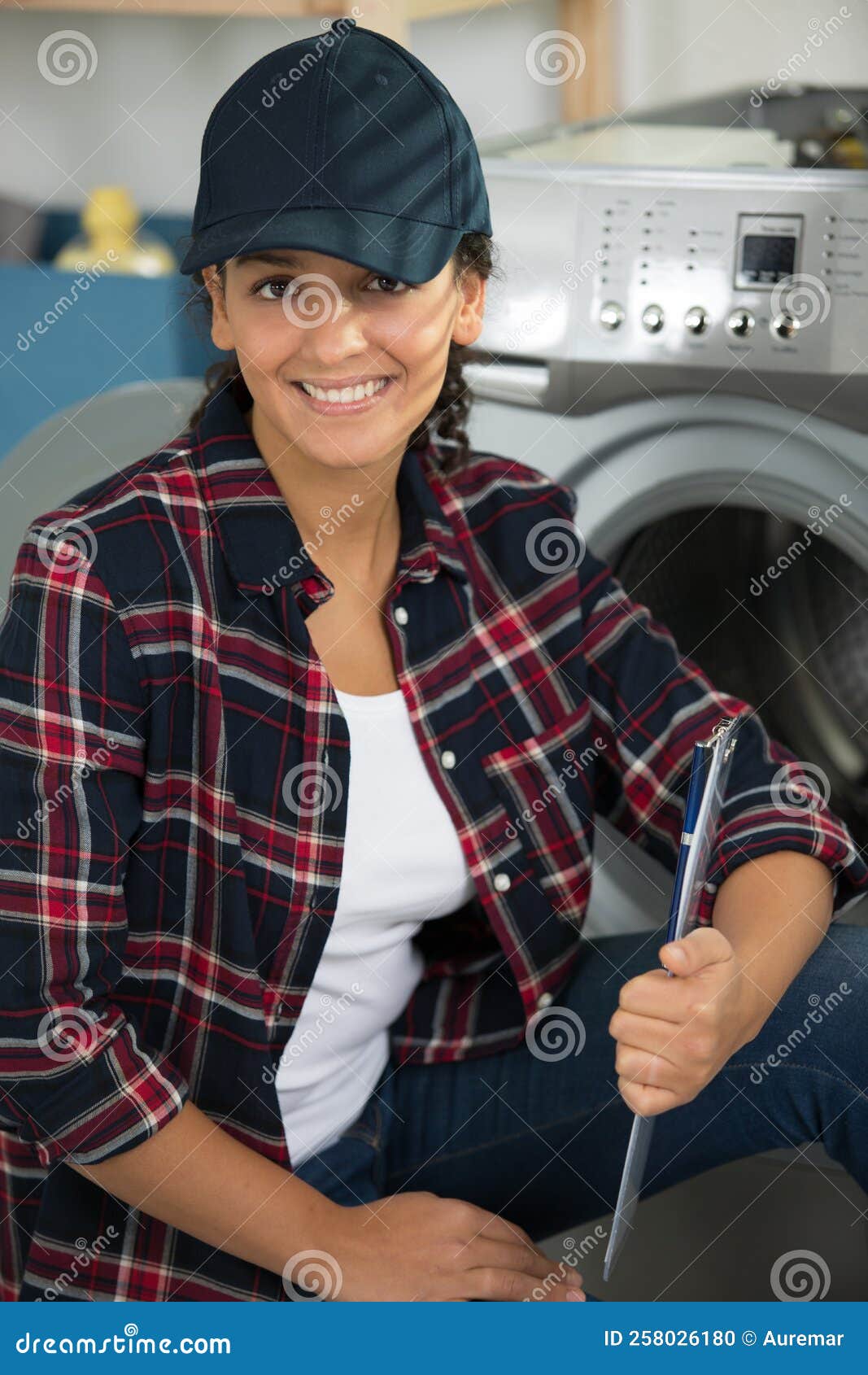 Woman Fixes Washing Machine Stock Photo - Image of emergency ...