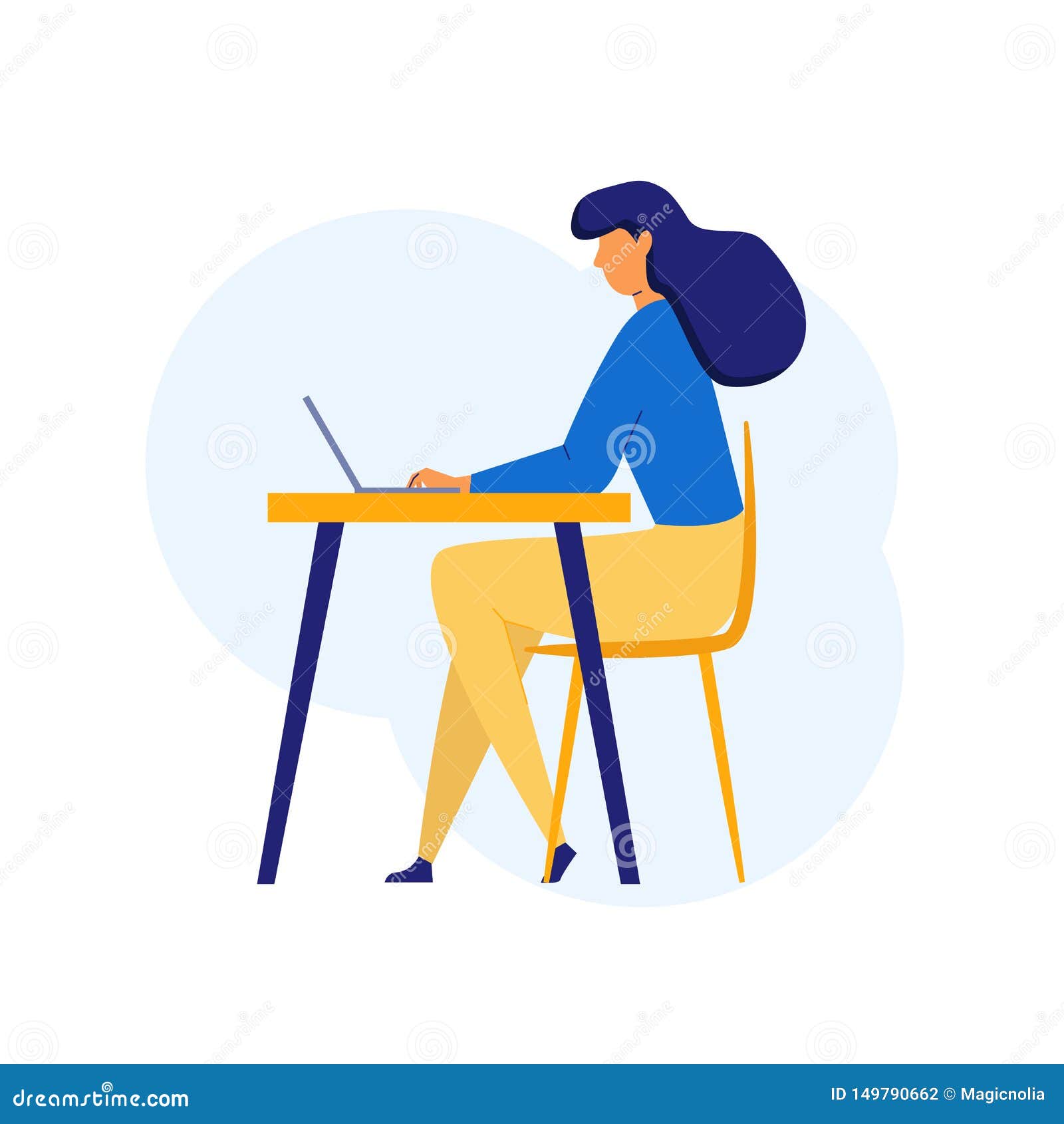 Woman in Flat Style Sitting at the Table Using Computer, Laptop in the ...