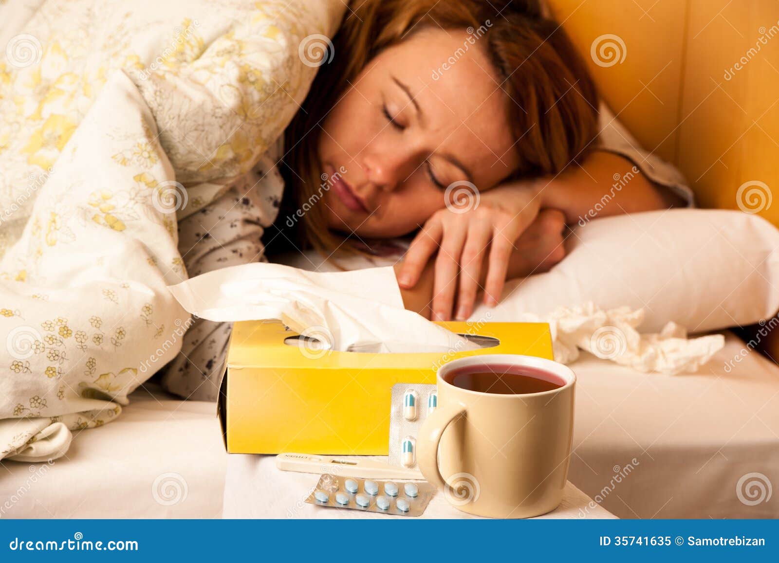 Woman with Flu Resting in Bed Stock Image - Image of medicine, couch ...