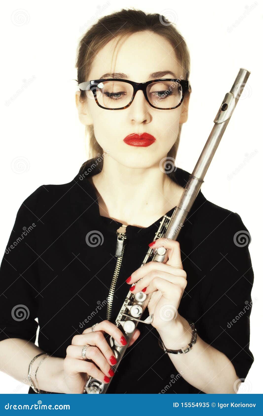 Portrait Flutist Woman Red Dress Flute Stock Photos - Free & Royalty ...