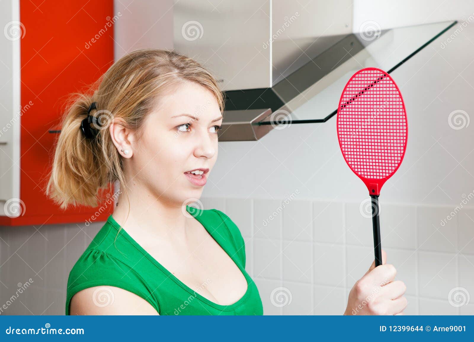 Woman with a fly swat stock photo. Image of person, gnat - 12399644