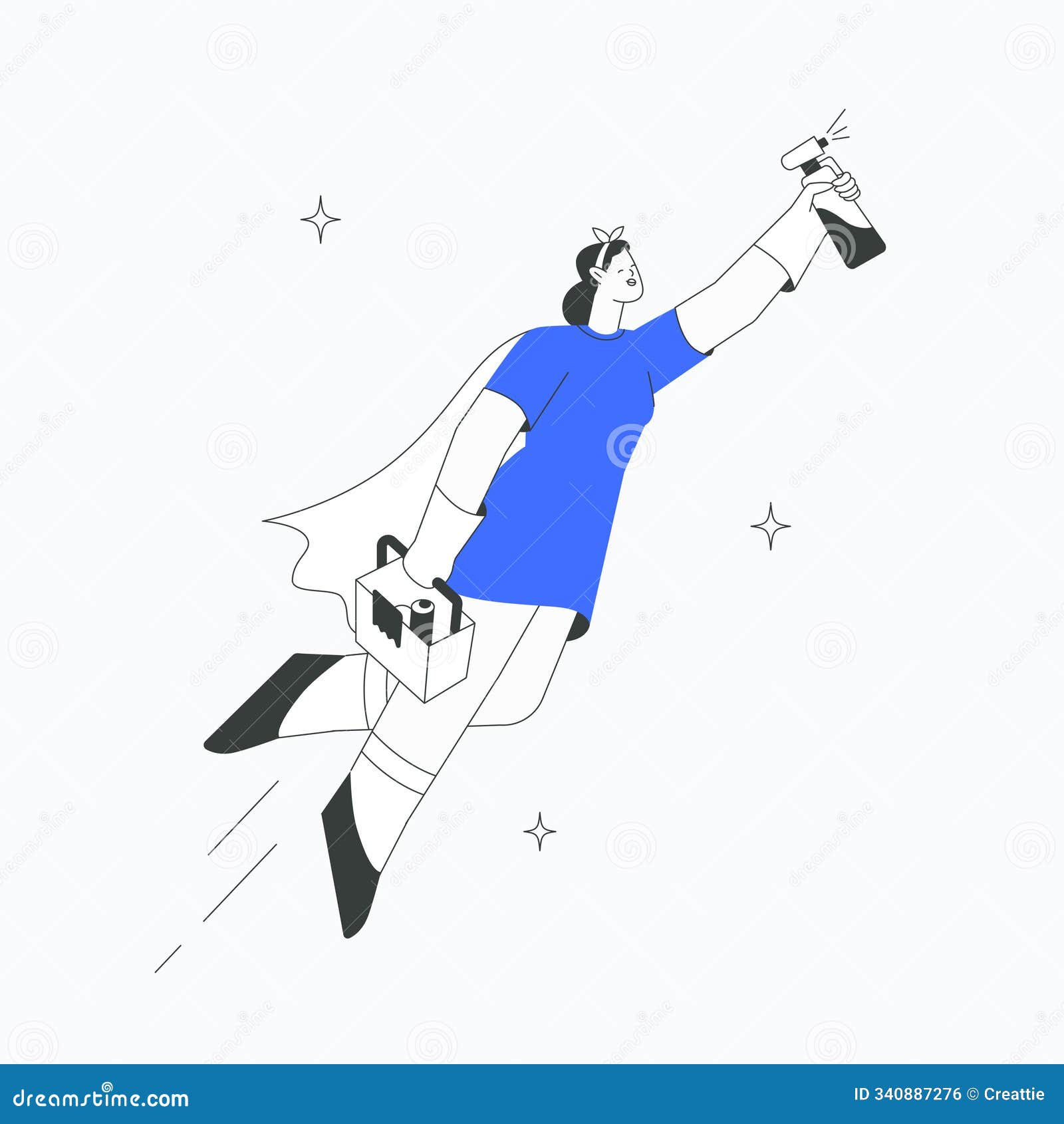 Woman Flying with Cleaning Tools Symbolizing Professional Cleaning ...