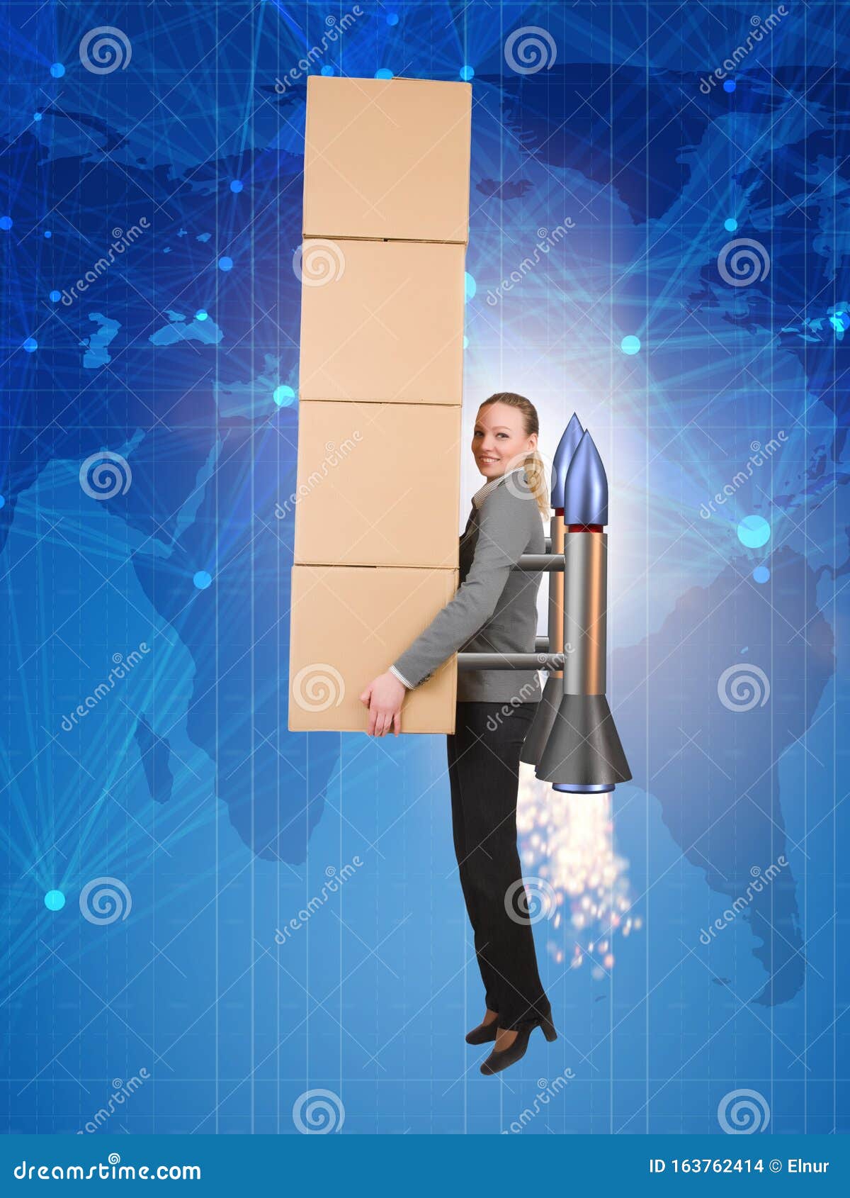Woman Flying Jetpack and Delivering Boxes Globally Stock Photo - Image ...