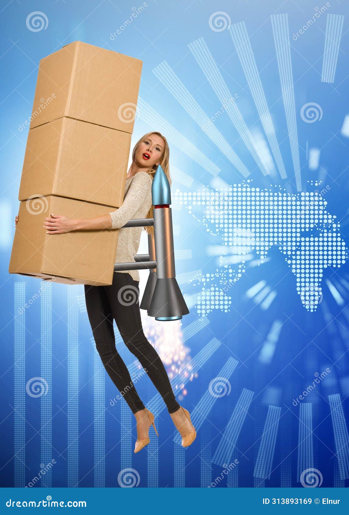 Woman Flying Jetpack and Delivering Boxes Globally Stock Image - Image ...