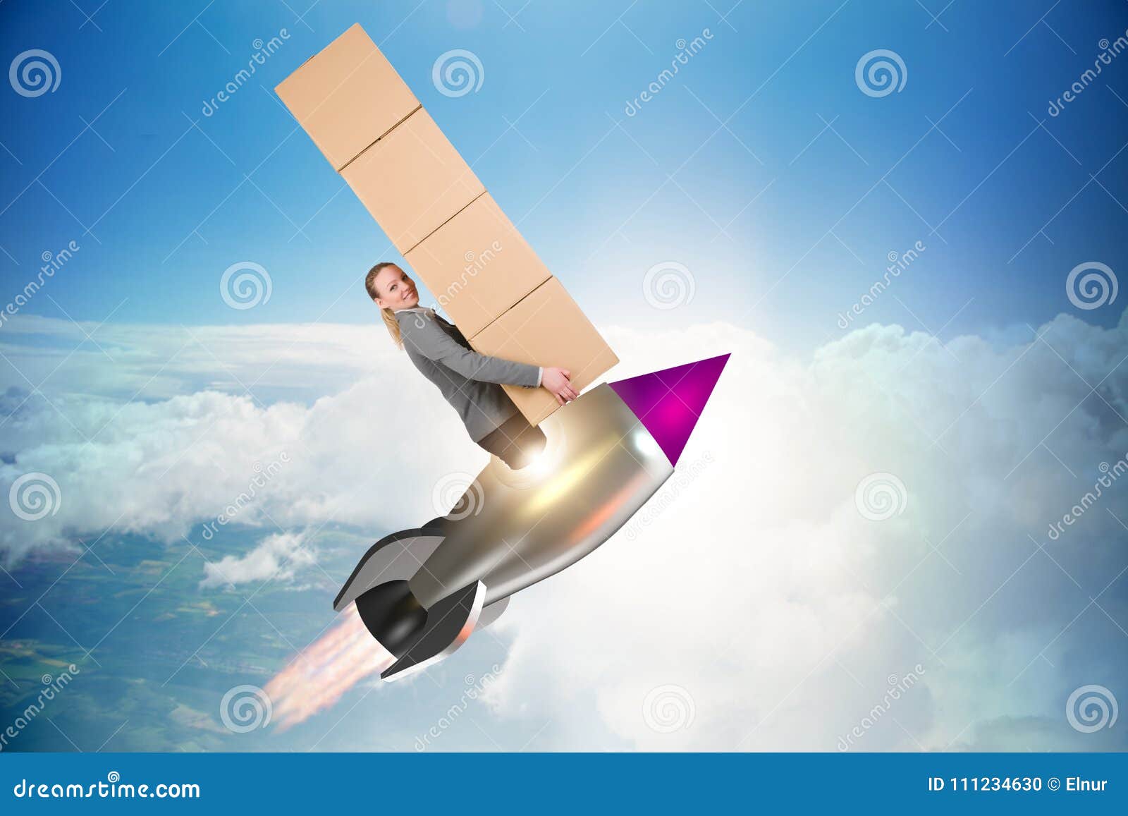 The Woman Flying Rocket and Delivering Boxes Stock Photo - Image of ...