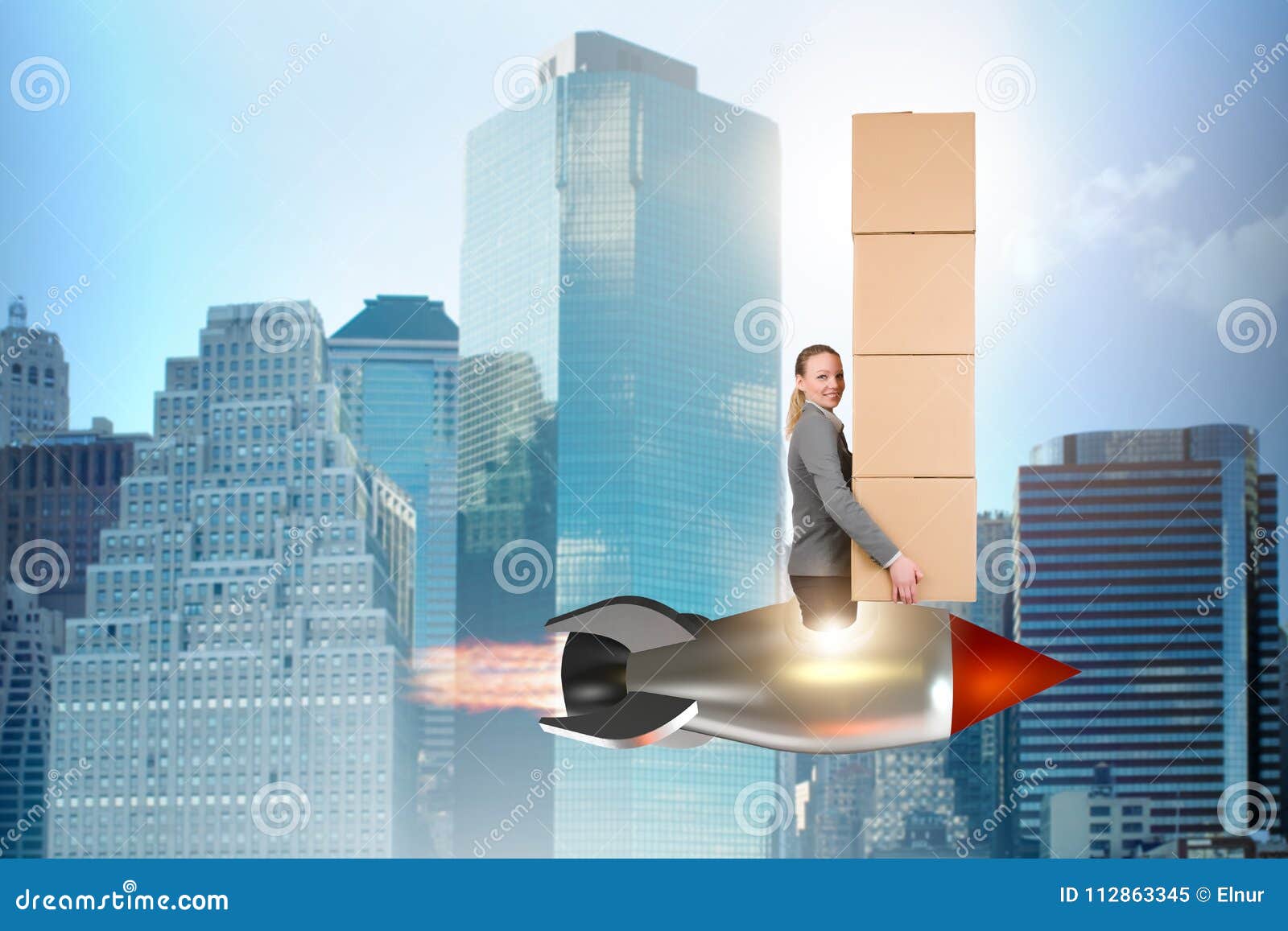 The Woman Flying Rocket and Delivering Boxes Stock Image - Image of ...