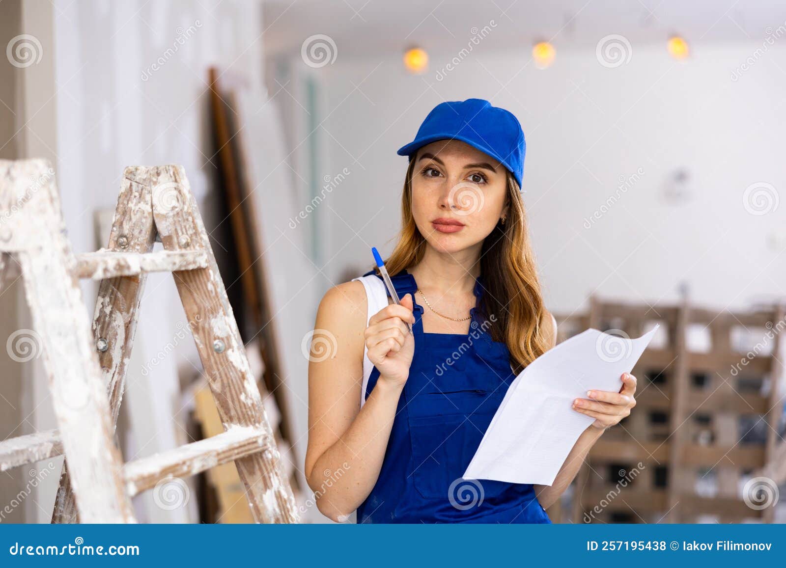 Woman Foreman Checks the Completed Construction Work on Drawing Stock ...