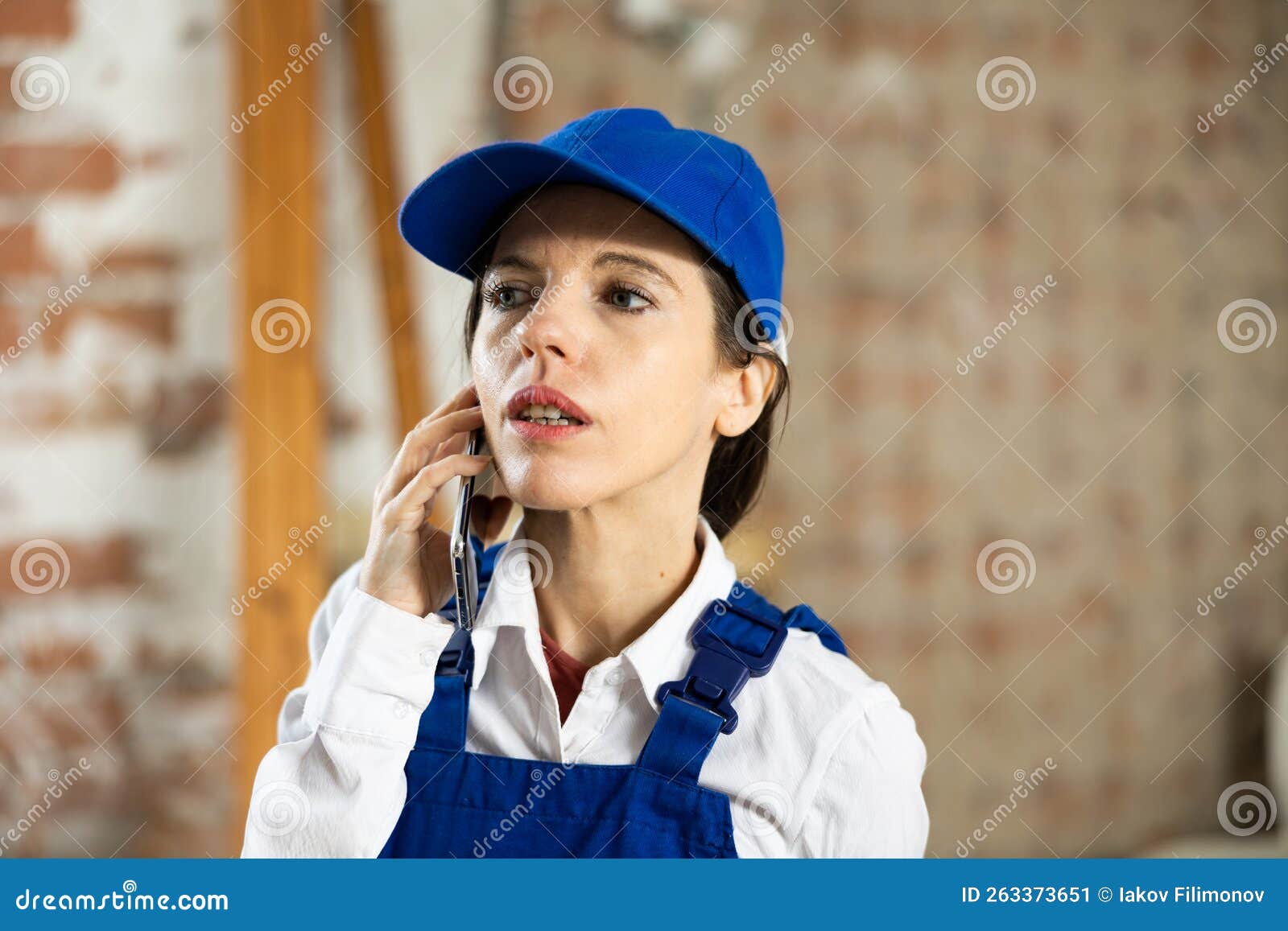 Woman Foreman Talking on a Mobile Phone Inside Building Under ...
