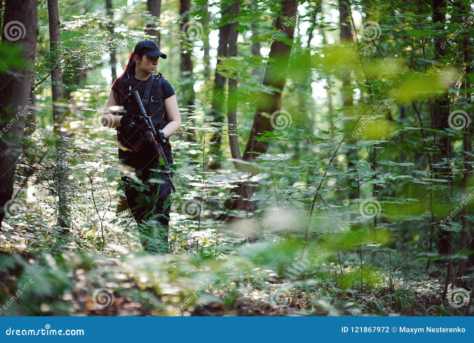 Woman in the Forest with a Gun Stock Photo - Image of black, special ...