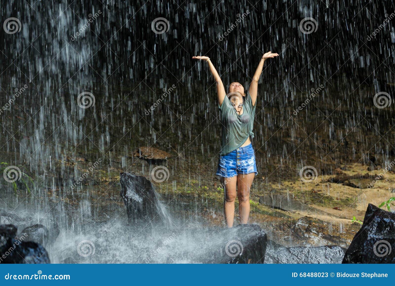 Woman Freedom Under Waterfall Stock Image - Image of gesture, dressed ...