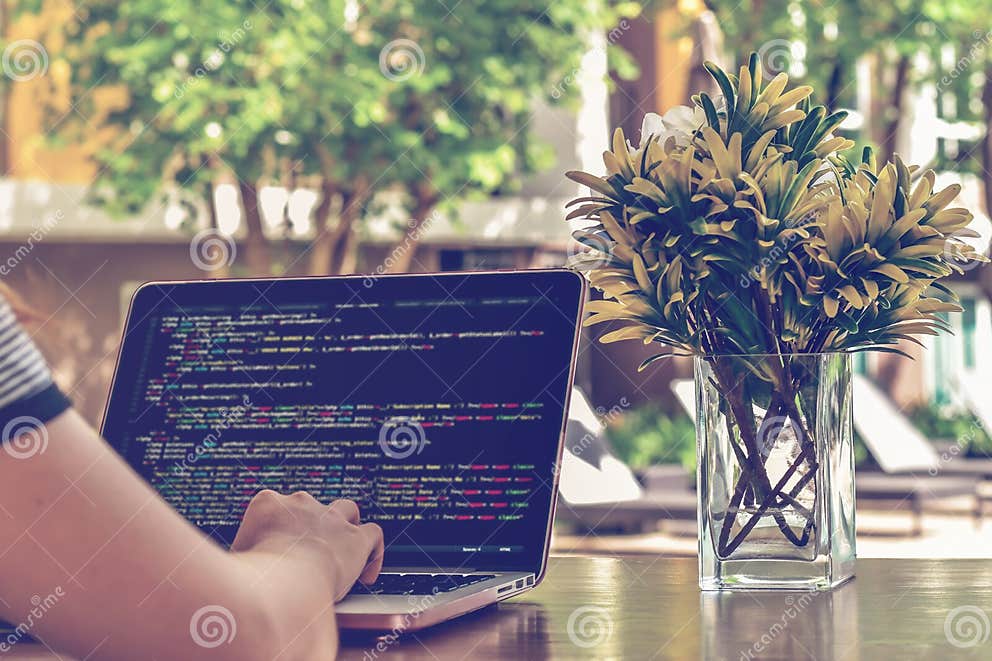 A Female Programmer Typing Source Codes in a Relaxing Working ...
