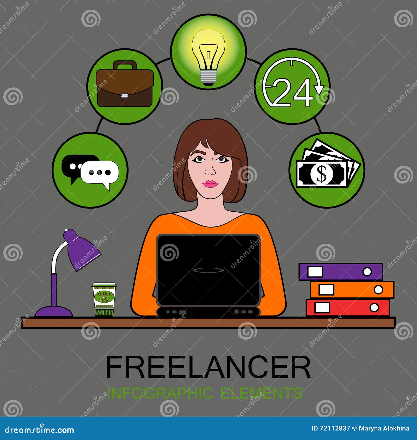 Woman freelancer at work. stock vector. Illustration of creator - 72112837